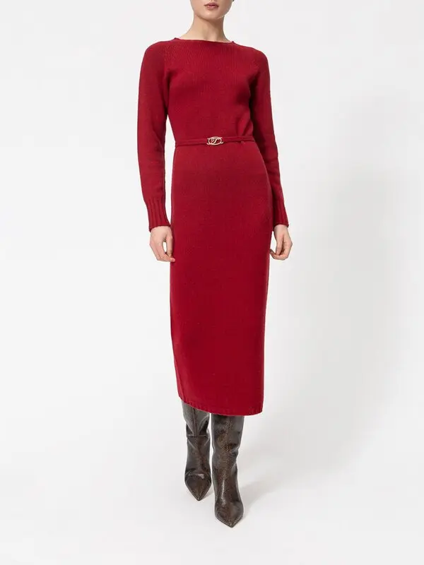TWINSET Midi Knit Wool Blend Dress With Removable Turtleneck - Red