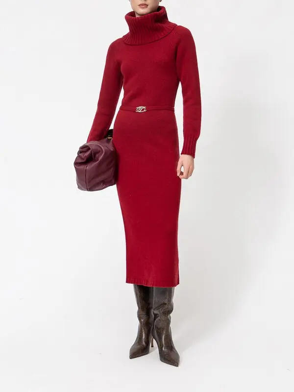 TWINSET Midi Knit Wool Blend Dress With Removable Turtleneck - Red