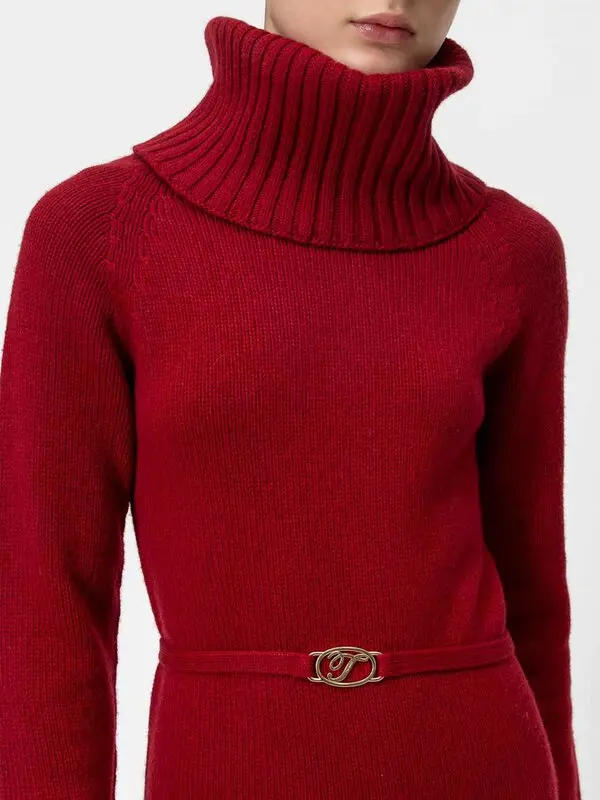 TWINSET Midi Knit Wool Blend Dress With Removable Turtleneck - Red