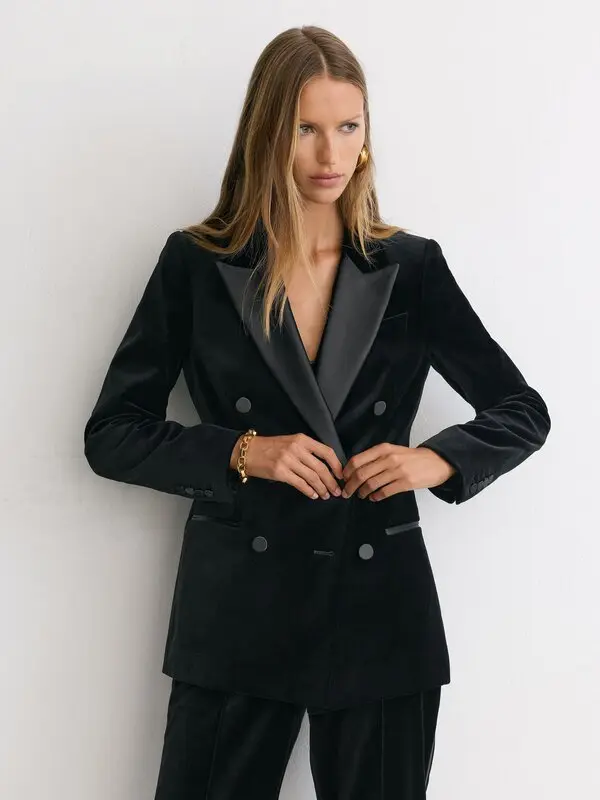 REISS Velvet Double-breasted Tuxedo Blazer - Black