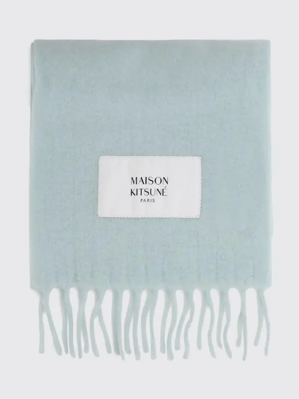 Maison Kitsuné Wool Scarf With Logo Patch And Fringed Trim - Water