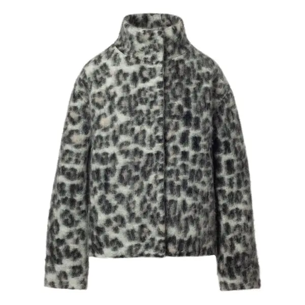 JANA COSHÈ Wool Short Coat In Snow Leopard Pattern – High Collar And Viscose Lining