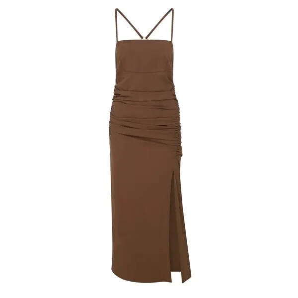 THISISU COLLECTION Velora Dress Lightweight Summer Slip Dress With Side Slit Mocha Muse