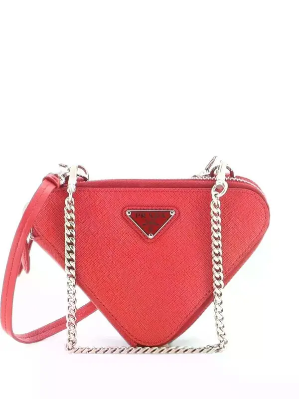Prada Triangle Double Zip Pouch Bag With Chain Saffiano Leather Mini Crossbody Bag - Red