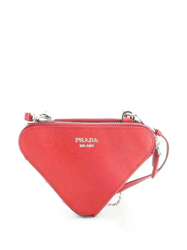 Prada Triangle Double Zip Pouch Bag With Chain Saffiano Leather Mini Crossbody Bag - Red