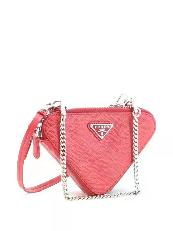Prada Triangle Double Zip Pouch Bag With Chain Saffiano Leather Mini Crossbody Bag - Red