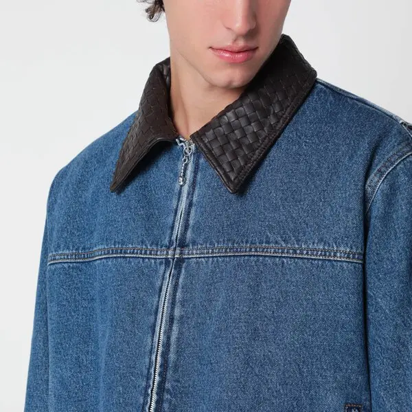 Bottega Veneta Blue Denim Jacket With Intrecciato Collar
