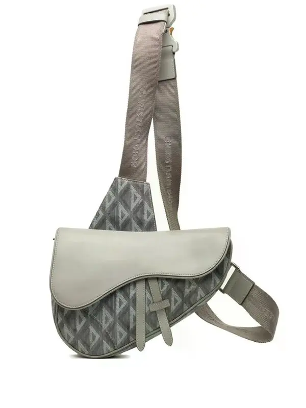 Dior 2021 Cd Diamond Canvas And Calfskin Saddle Bag Crossbody Bag - Grey