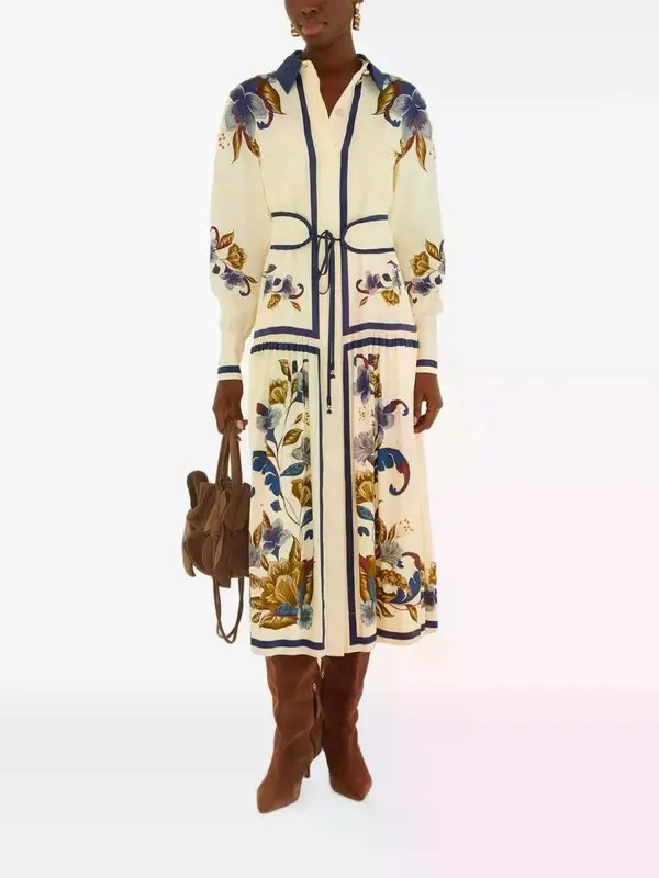 Farm Rio Floral-print Belted Midi Shirt Dress - Neutrals