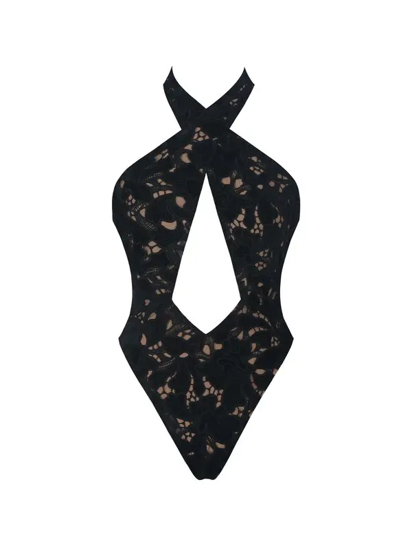 MISS CIRCLE NEW YORK Breanna Velvet Lace Crossover Halter Swimsuit - Black