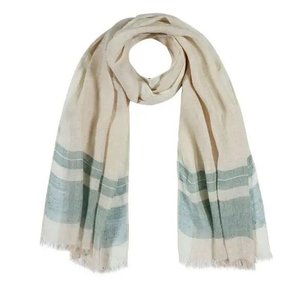 HERITAGEMODA Neutrals Handwoven Light Beige Linen Scarf With Sage Green Colour-block Detail - Beige/green