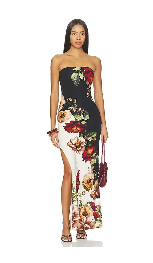 Alice + Olivia Delora Strapless Cutaway Side Slit Maxi Dress In . Also