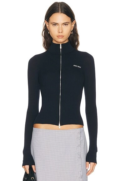 Miu Miu Cotton Ribs Zip Up Top - Bleu