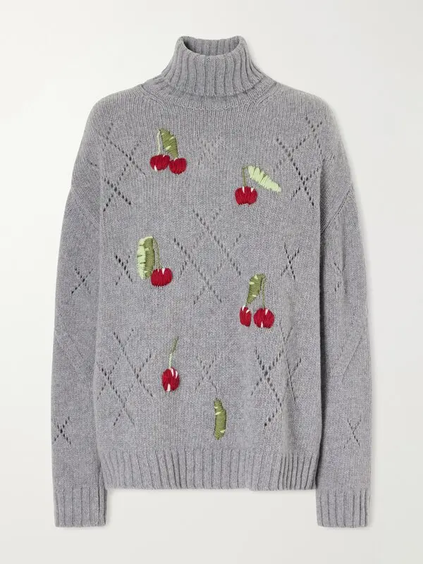 Bernadette Sharon Embroidered Pointelle-knit Wool Turtleneck - Gray