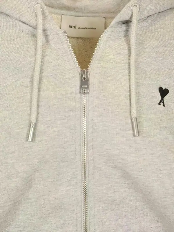 AMI Paris Zipped Cotton Hoodie With De Coeur - Grey