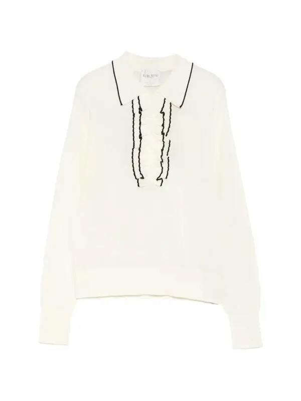 FORTE_FORTE Ruffled-trim Polo-collar Sweater - Neutrals