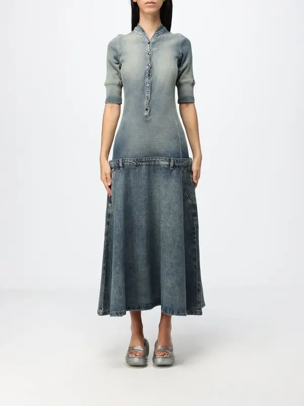DIESEL® De-anim-s Ribbed Denim Jersey Midi Shirt Dress
