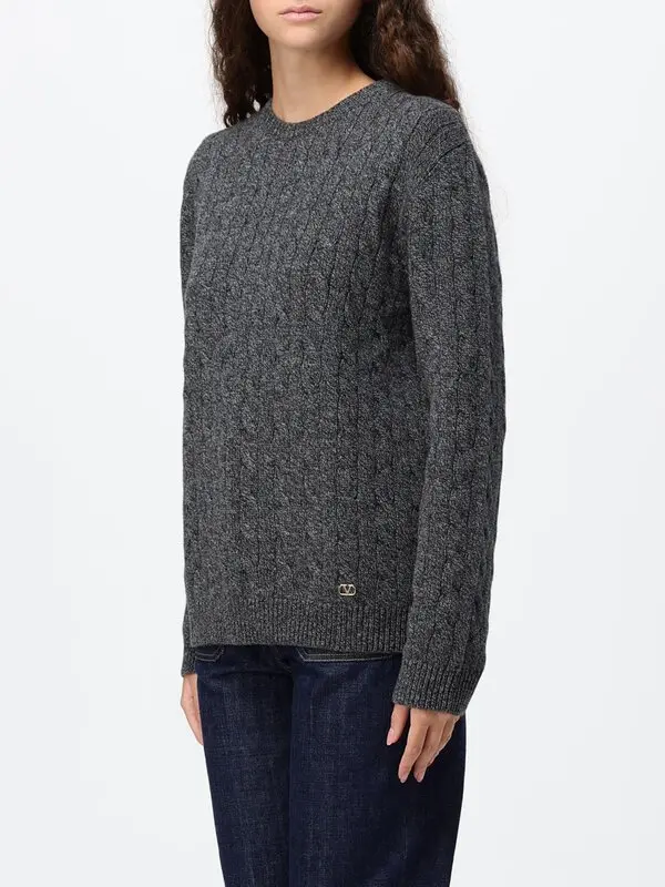 Valentino Garavani Crewneck Sweater In Pure Merino Wool With Applied Logo - Grey