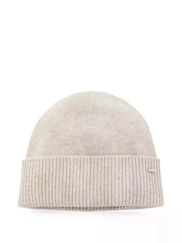 BOSS Cashmere Beanie With Metalic Logo Trim - Neutrals