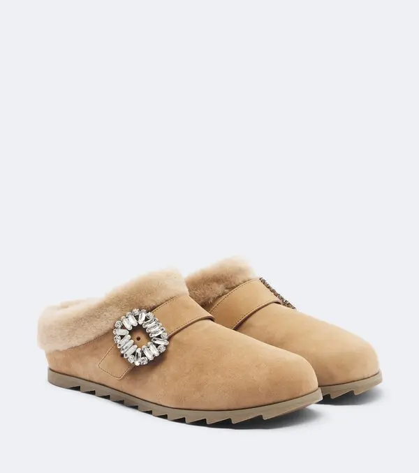 ROGER VIVIER Slidy Viv' Shearling-lined Suede Mules - Beige