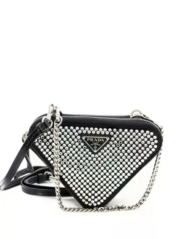 Prada Triangle Double Pouch Crystal Embellished Satin Mini Crossbody Bag