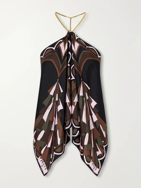 Emilio Pucci Chain-embellished Draped Printed Silk-twill Halterneck Top