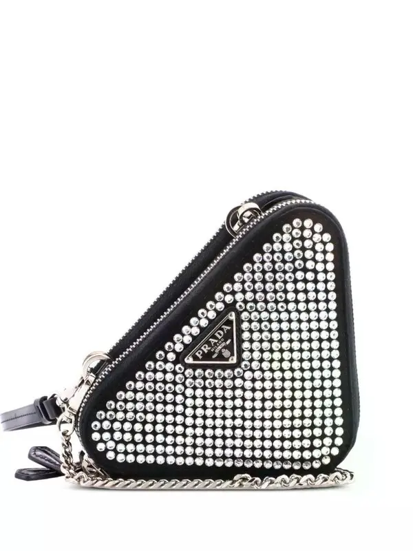 Prada Triangle Double Pouch Crystal Embellished Satin Mini Crossbody Bag - Black