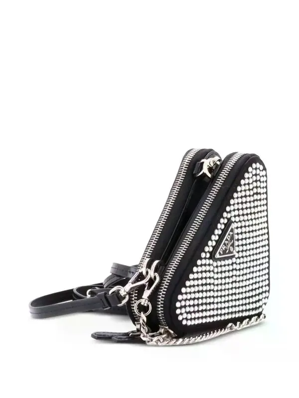 Prada Triangle Double Pouch Crystal Embellished Satin Mini Crossbody Bag - Black