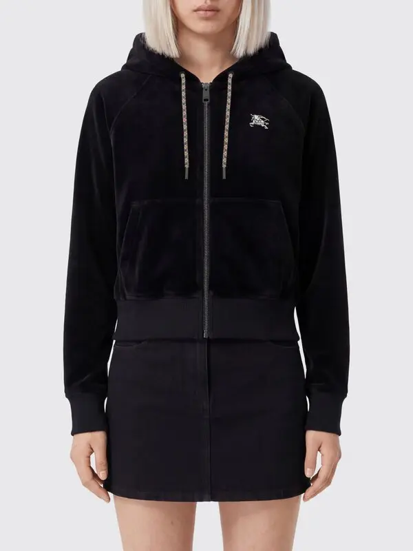 Burberry Ekd Logo Velvet Zip-up Hoodie - Black
