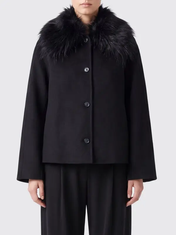 Loulou De Saison Short Wool And Cashmere Coat With Fur Collar - Black