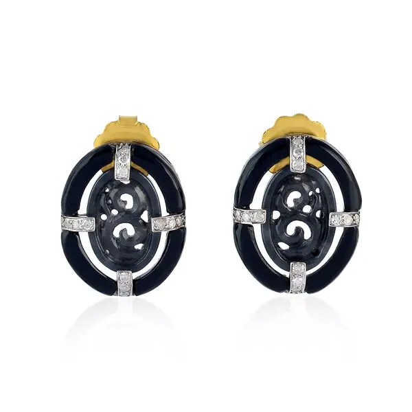 ARTISAN 18k Yellow & Silver Black Onyx, Carved Jade & Diamond Stud Earrings - Gold