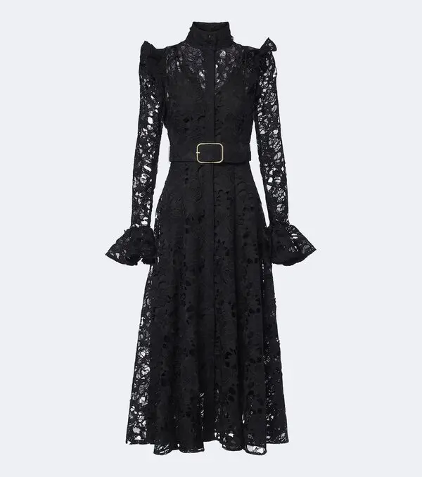 LEO LIN Aliyah Belted Guipure Lace Midi Dress