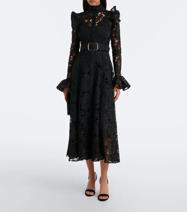 LEO LIN Aliyah Belted Guipure Lace Midi Dress