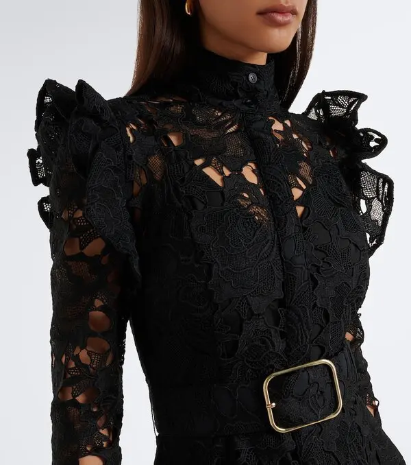 LEO LIN Aliyah Belted Guipure Lace Midi Dress