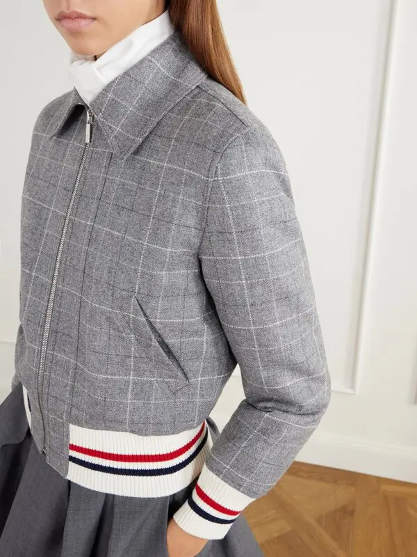Thom Browne Cropped Padded Rib-trimmed Checked Wool-tweed Jacket