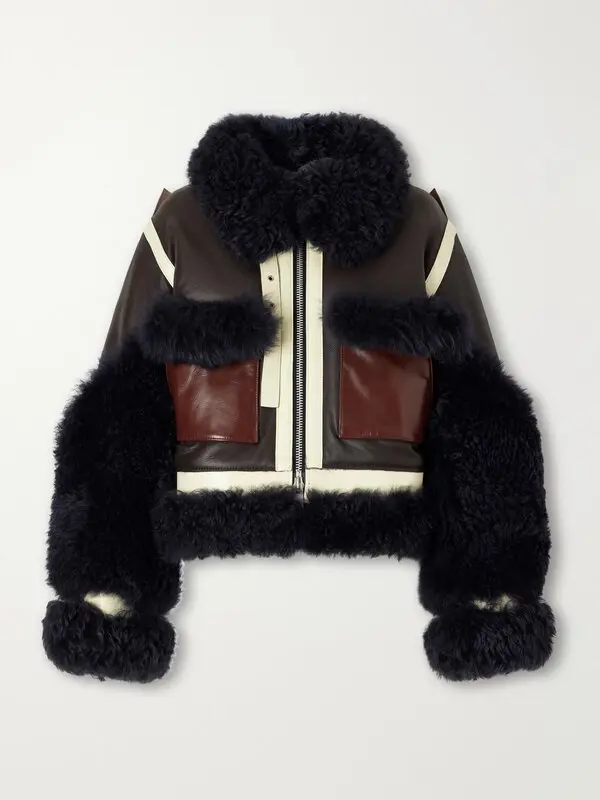 Sacai Color-block Shearling-trimmed Leather Jacket - Multi