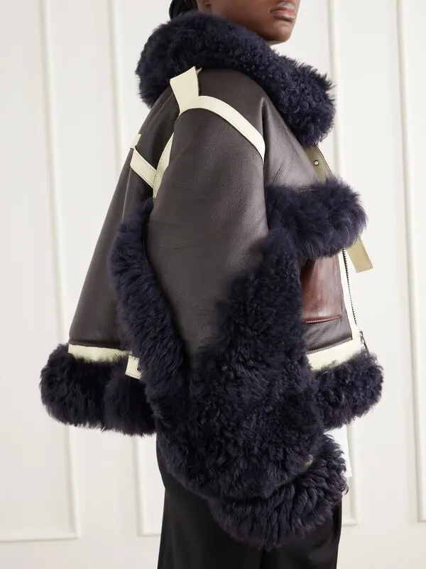 Sacai Color-block Shearling-trimmed Leather Jacket
