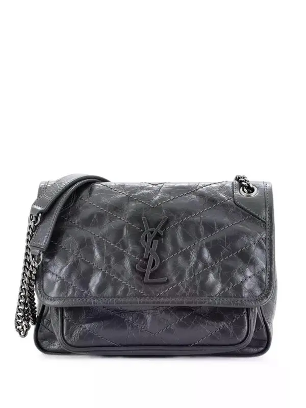 Saint Laurent Niki Chain Flap Bag Matelasse Chevron Leather Baby Shoulder Bag - Grey