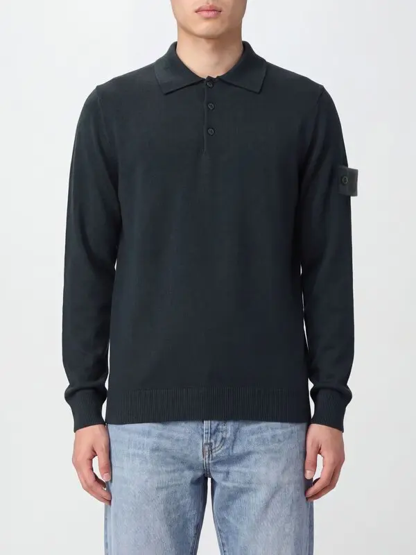 Stone Island Long-sleeved Wool Knit Polo Shirt With Compass Logo - Black
