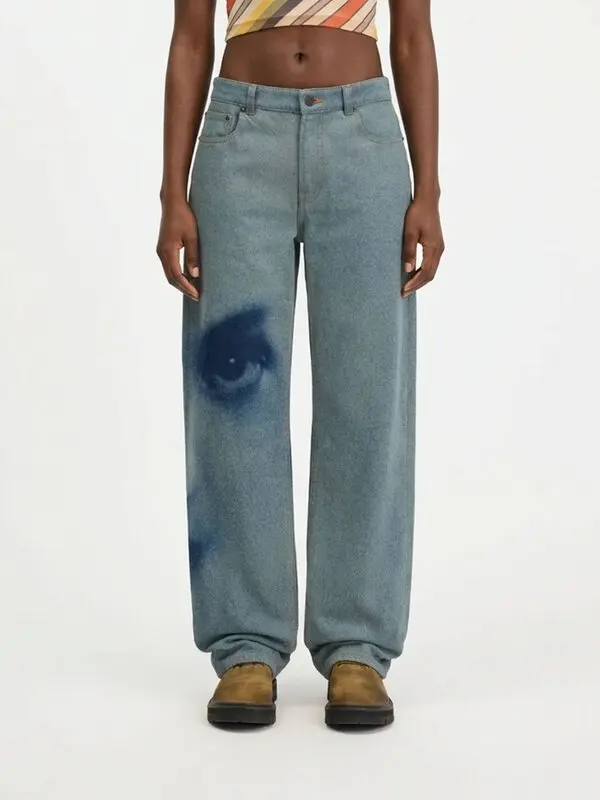 JEAN PAUL GAULTIER Low-rise Wide-leg Graphic Print Jeans In Cotton Denim
