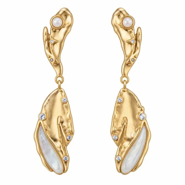 RARE MATTERS JEWELRY White / Gold Sculptural Mother Of Pearl Leaf Drop Earrings Gold Cz Organic Earrings - White/gold