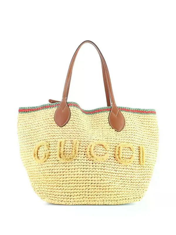 Gucci Logo Open Woven Raffia Medium Tote Bag - Neutrals
