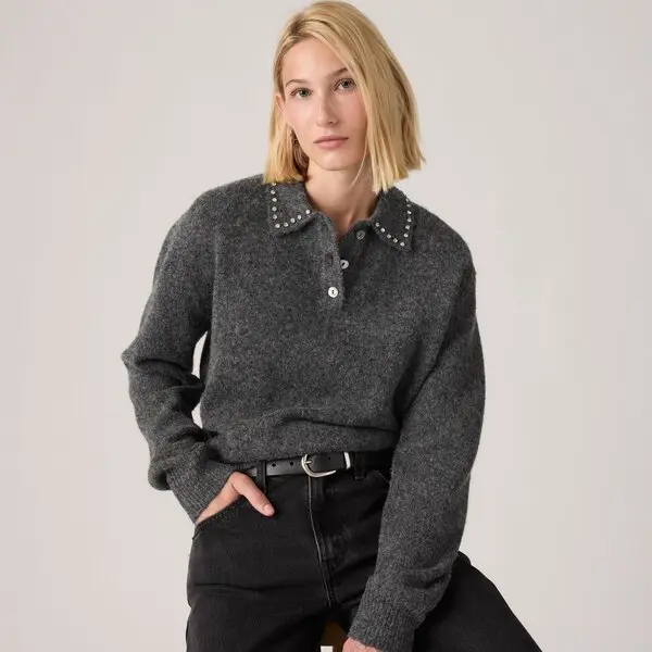 LEVI'S Rhinestone Collared Sweater - Grey