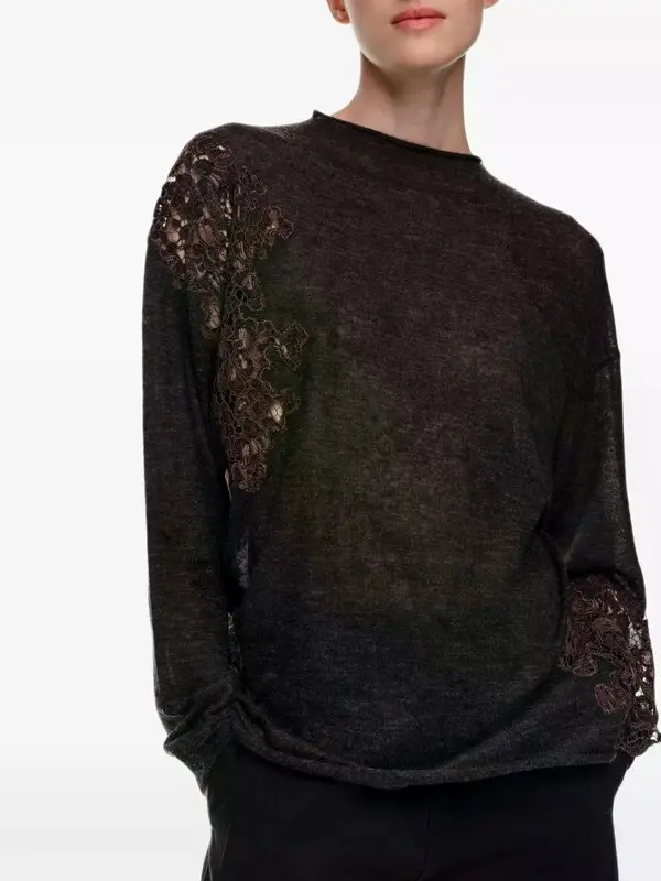 Bimba Y Lola Dark Gray Wool High Neck Sweater With Lace Detailing