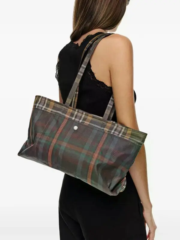 Bimba Y Lola Medium Superwax Chocolate And Green Tartan Shopper Bag