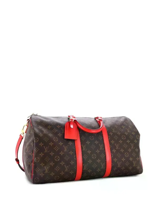 LOUIS VUITTON Keepall Bandouliere Bag Monogram Canvas With Coquelicot Leather Trim 50 Travel Bag - Red