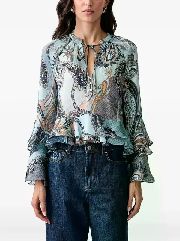 Guess Nicole Paisley-print Ruffled Blouse - Blue