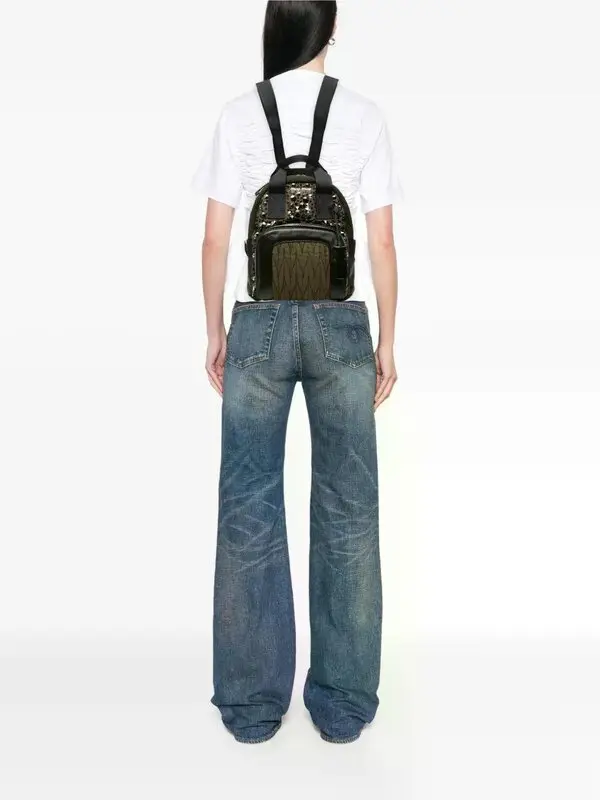 Miu Miu 2010-2026 Leather Trimmed Crystal Embellished Matelasse Nylon Backpack