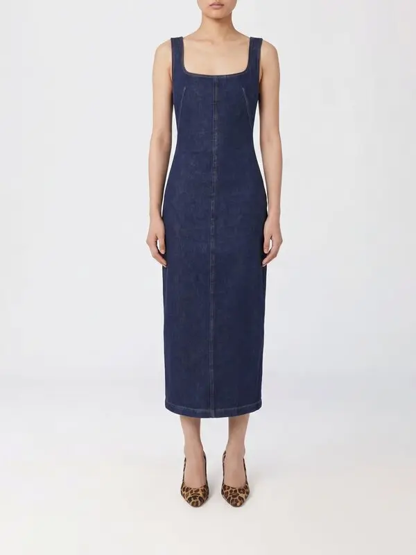 Sportmax Slim Fit Square-neck Sheath Midi Dress In Cotton Denim - Blue