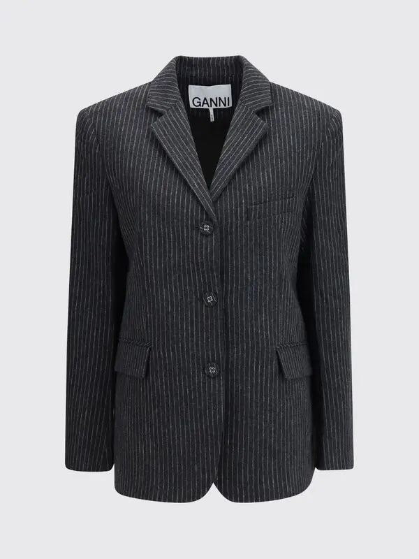 GANNI Pinstripe Wool Single-breasted Blazer With Lapels - Charcoal